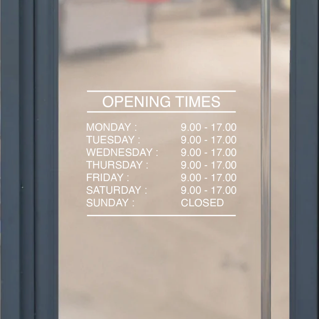 Customiseable Opening Times Vinyl Decal - Demon Graphics
